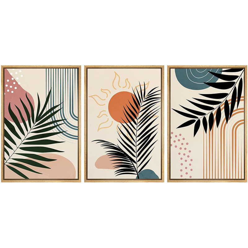 IDEA4WALL Unique Tropical Jungle Leaf Mid Century Modern Boho Framed Pictures Canvas 3 Pieces ...